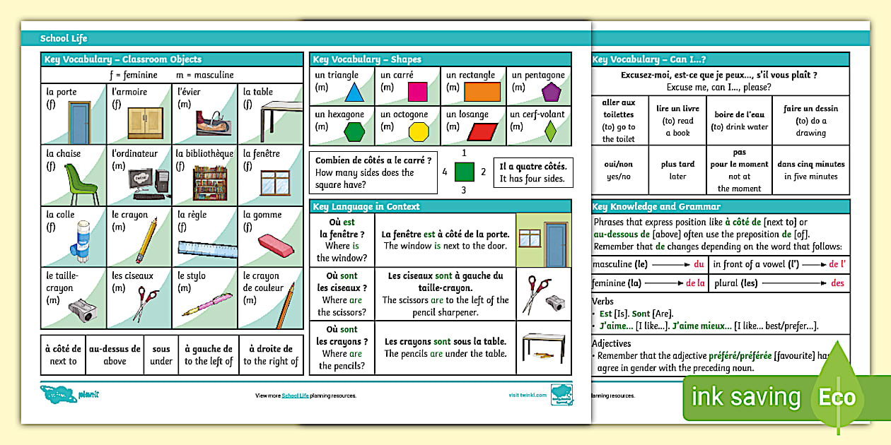 👉 French Knowledge Organiser: School Life Year 5