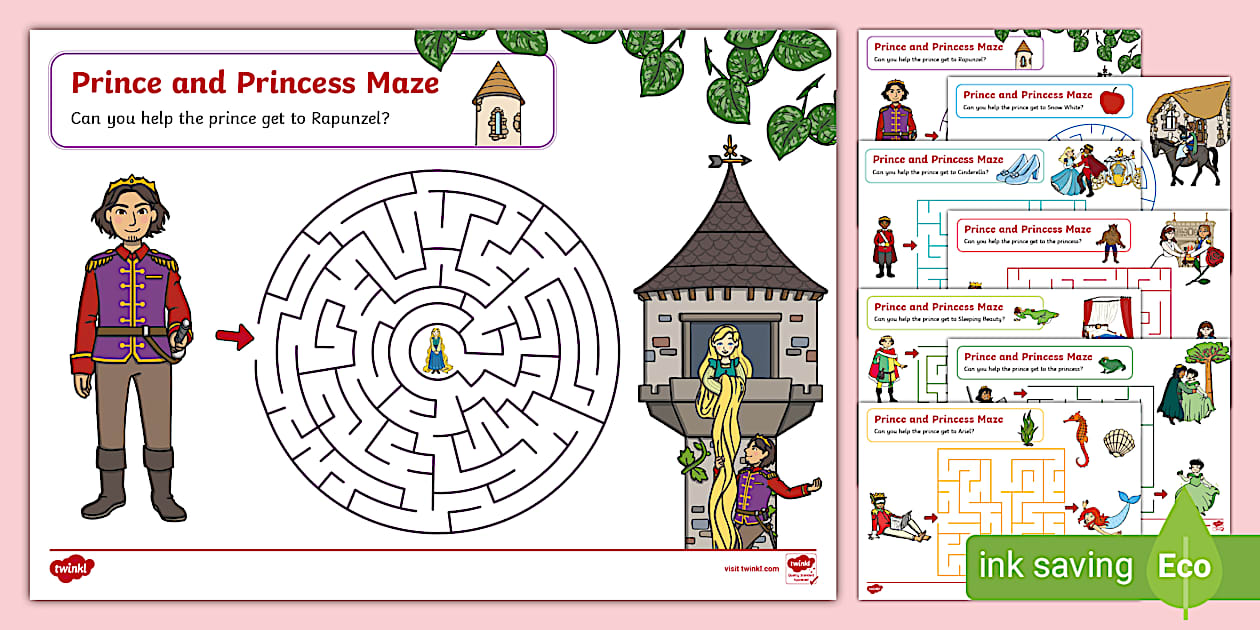 Prince and Princess Maze Activity Worksheets - Twinkl
