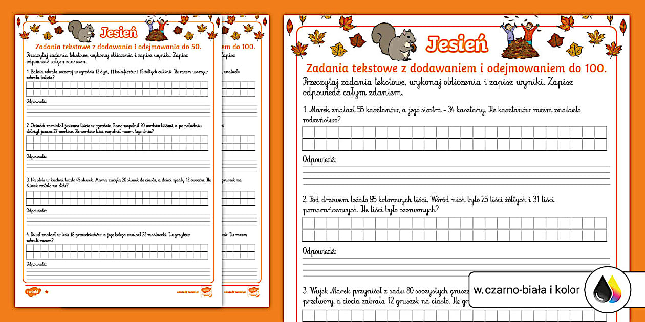 Jesień | Zadania tekstowe | Liczenie do 50 i 100