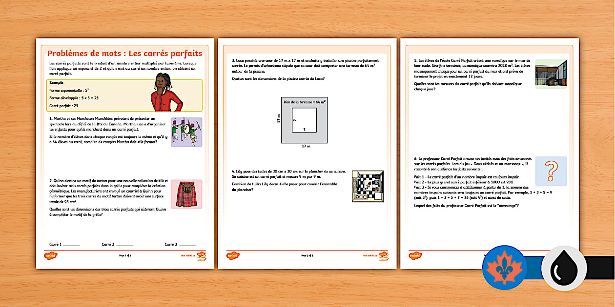 Perfect Squares Word Problems Worksheet French