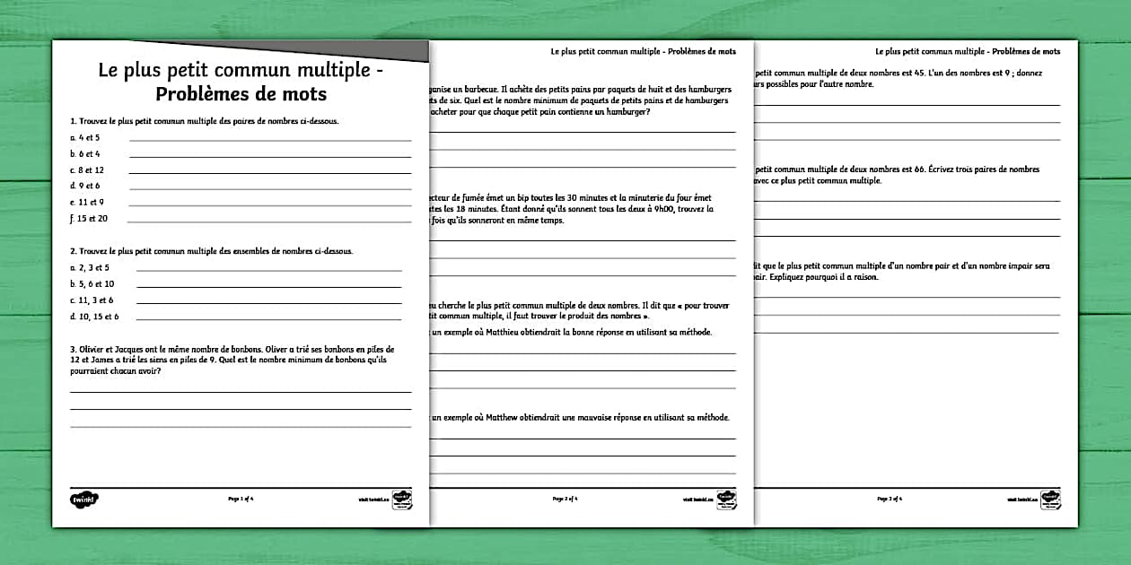 Lowest Common Multiple – Word Problems French - Twinkl