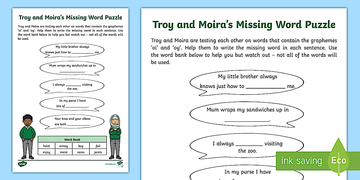 Cursive Troy and Moira 'oy' and 'oi' Missing Word Worksheet