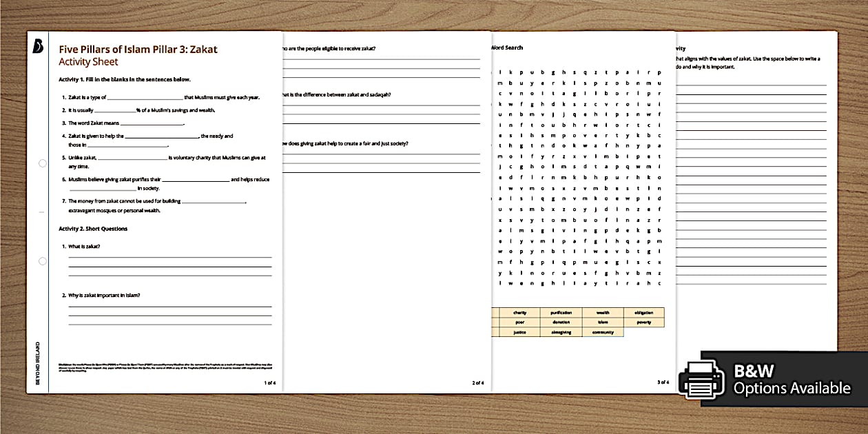 Five Pillars of Islam Pillar 3: Zakat Worksheet