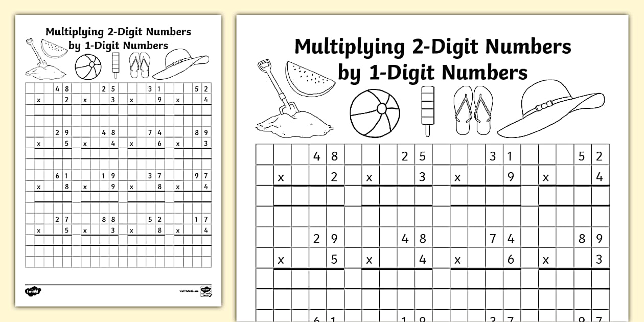 Summer-Themed Multiplying 2-Digit by 1-Digit Activity Sheet
