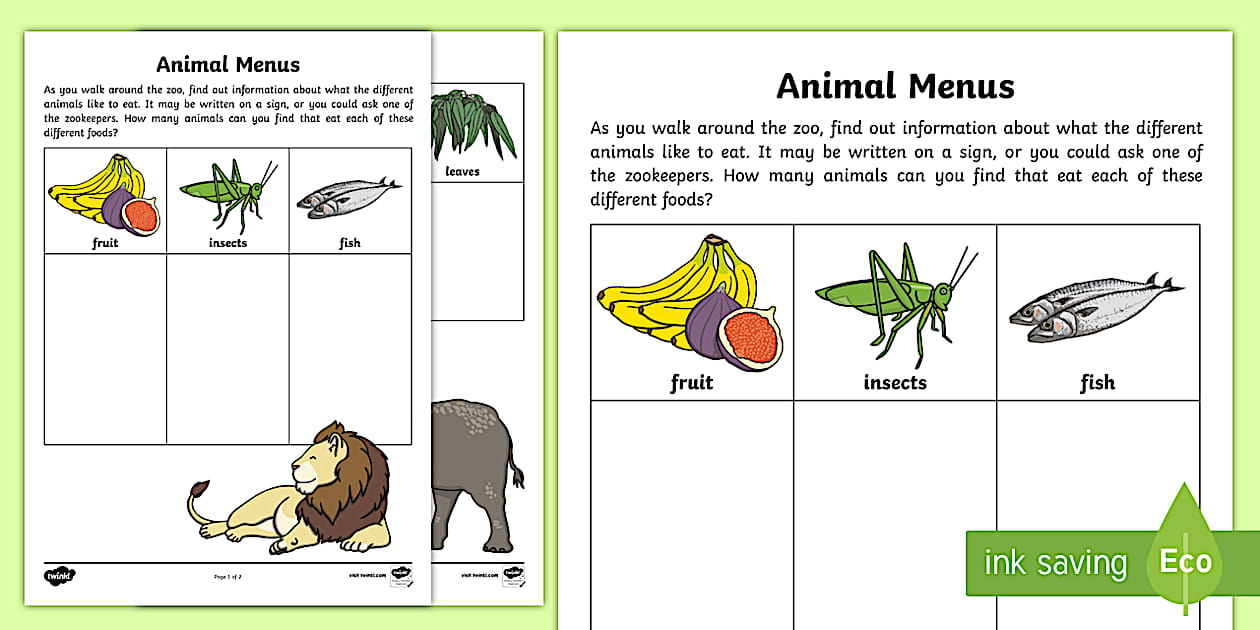Animal Menus Worksheet / Worksheet (teacher made) - Twinkl