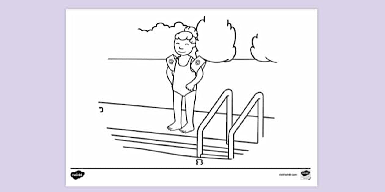 Girl Beside Outdoor Pool Colouring Sheet | Colouring Sheets