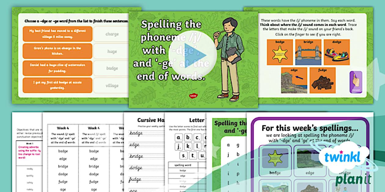 PlanIt Y2 Term 1A W4: /j/ Spelt ' dge' ' ge' Spelling Pack