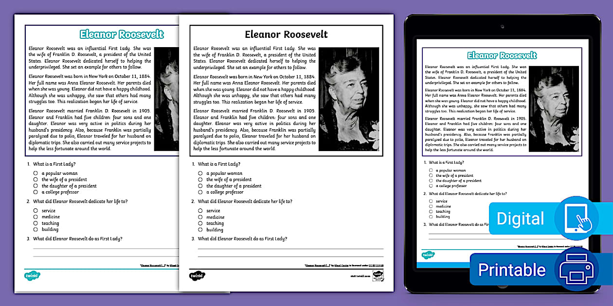 Third Grade Eleanor Roosevelt Reading Passage Comprehension
