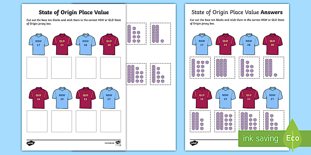 SA State of Origin Place Value Blocks Worksheet - Twinkl