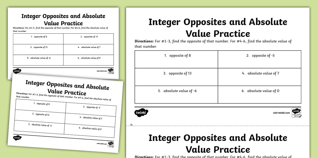 Seventh Grade Integer Opposites and Absolute Value Practice