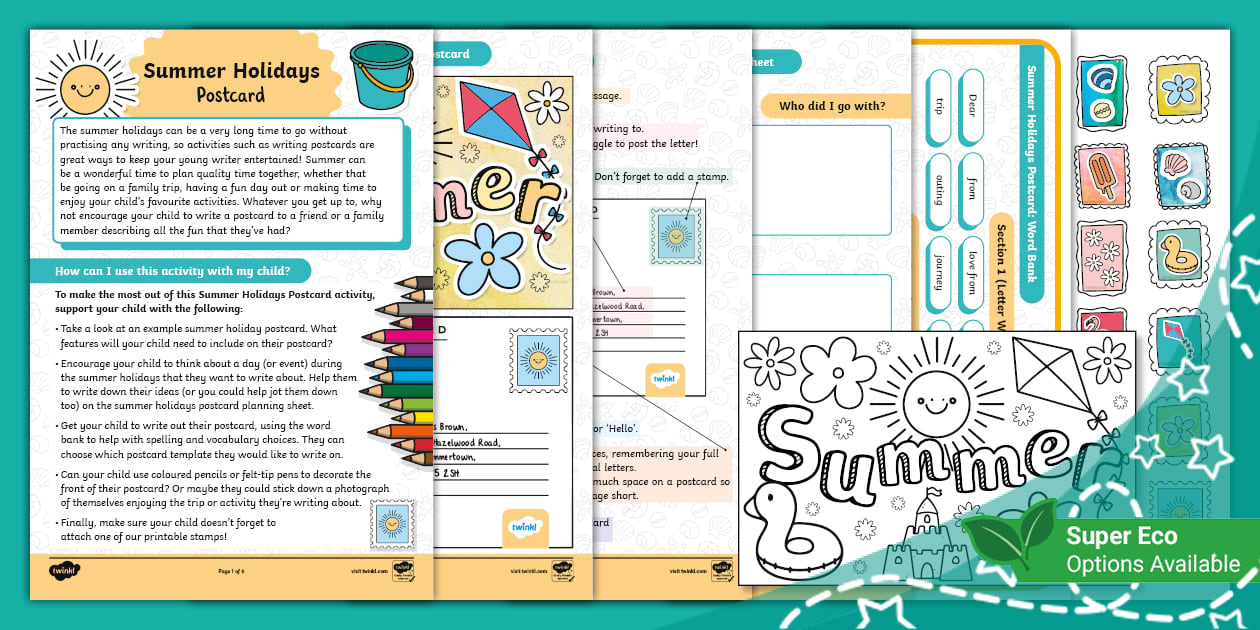Summer Holidays Postcard - Worksheets - KS1 - Twinkl