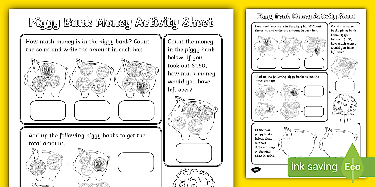 Piggy Bank Money Activity Sheet | Year 2 Maths | Twinkl