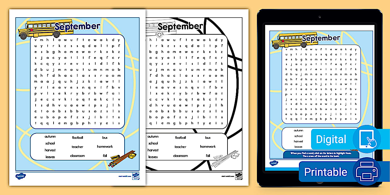 September Word Search for K-2nd Grade (teacher made)