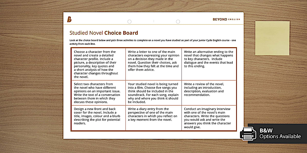 Studied Novel Choice Board (teacher made) - Twinkl