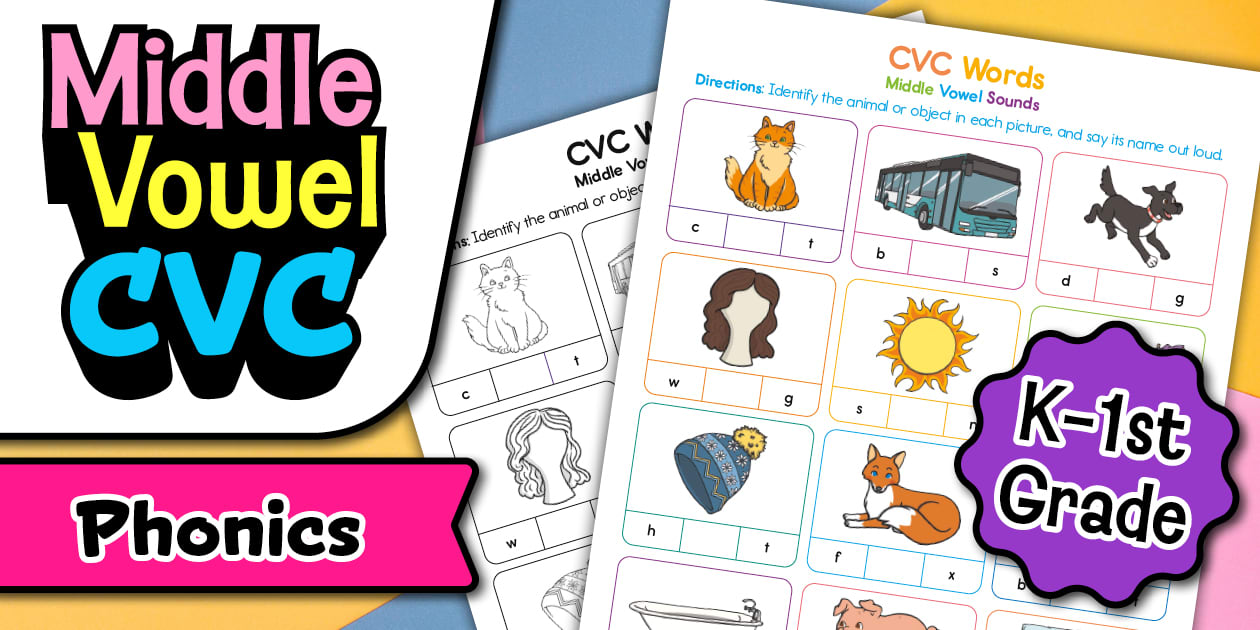 CVC Words Middle Vowel Sounds Worksheet for K-1st Grade
