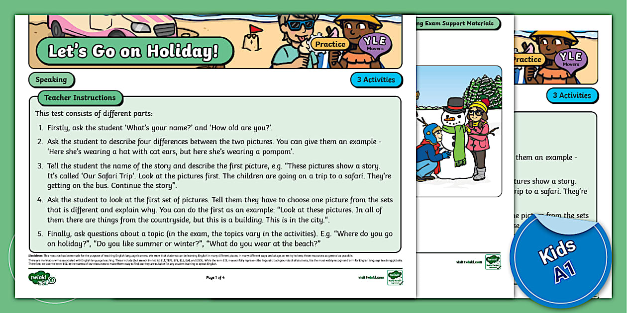 YLE Movers - Speaking - Practice Sheet (Let's Go on Holiday!) [A1]