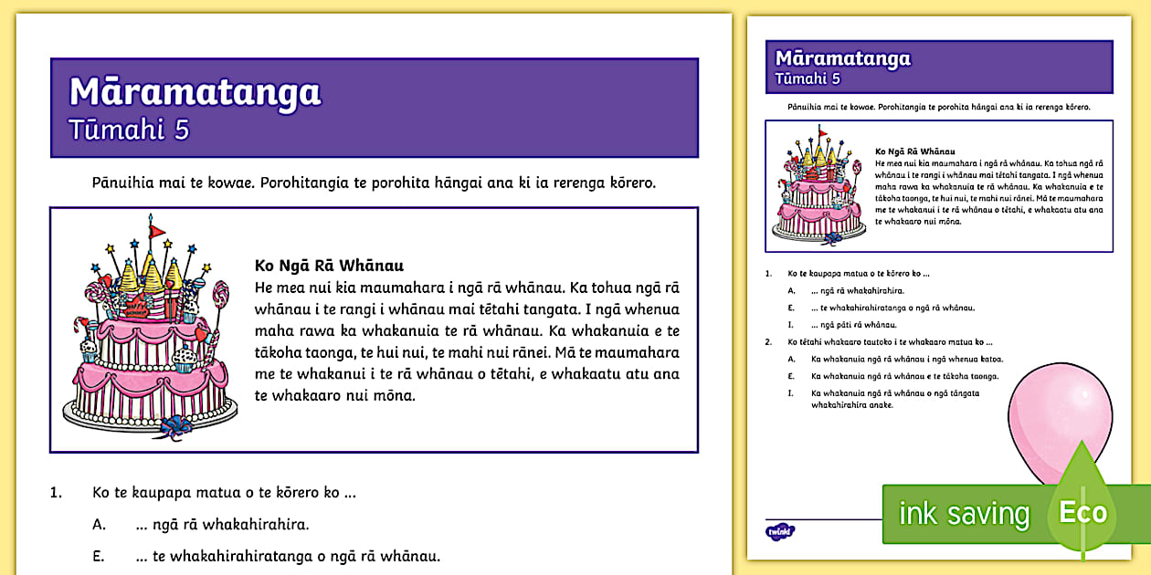 Editable Birthday Reading Comprehension Worksheet - Te Reo Māori