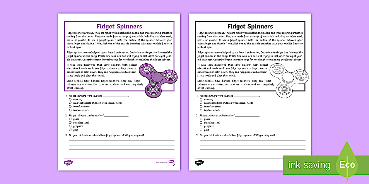 Fourth Grade Fidget Spinners Reading Passage Comprehension Worksheet