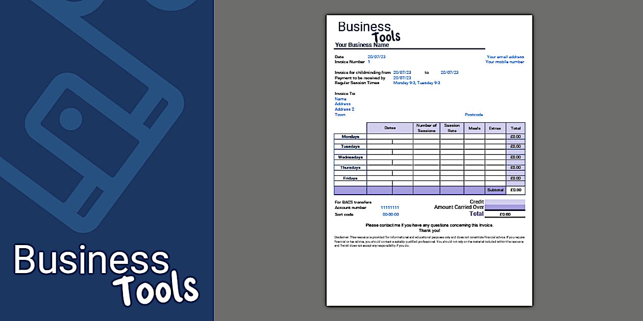 Childminder Invoice Shorter Version Template Spreadsheet