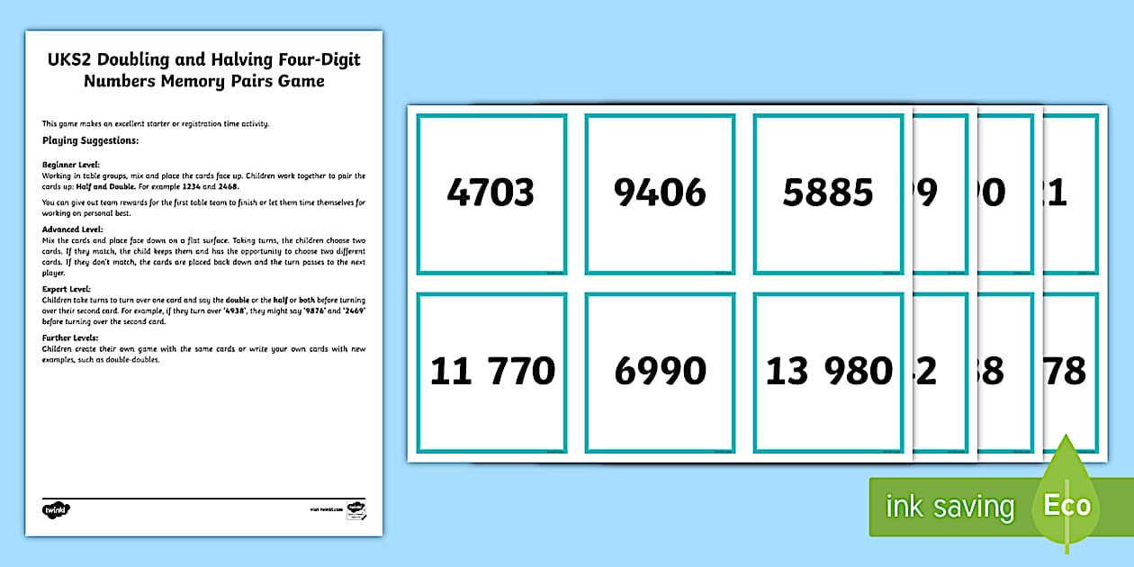 UKS2 Doubling Halving Four-Digit Numbers Memory Pairs Game