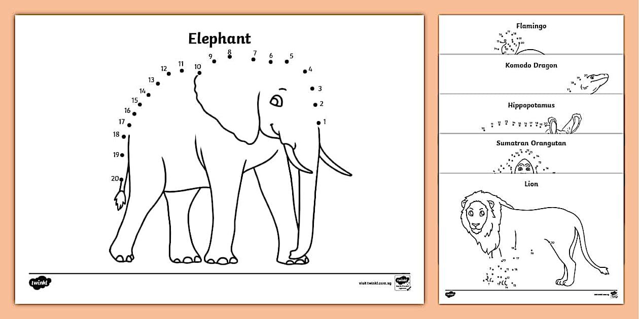 Singapore Zoo Animals 1 to 20 Dot to Dot Worksheets - Twinkl