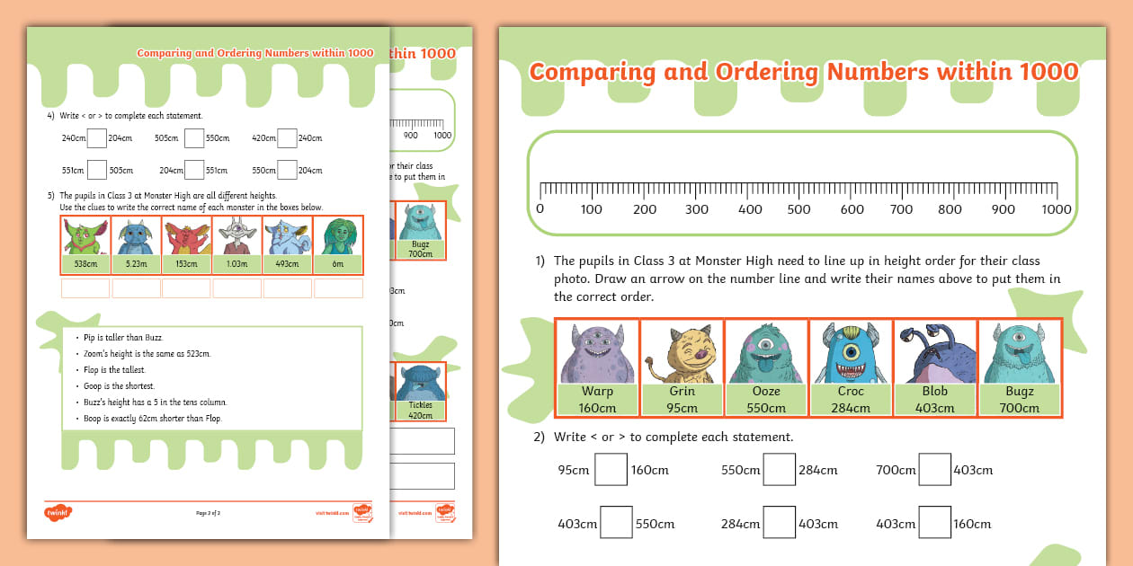 Comparing and Ordering Whole Numbers up to 1000 Worksheet