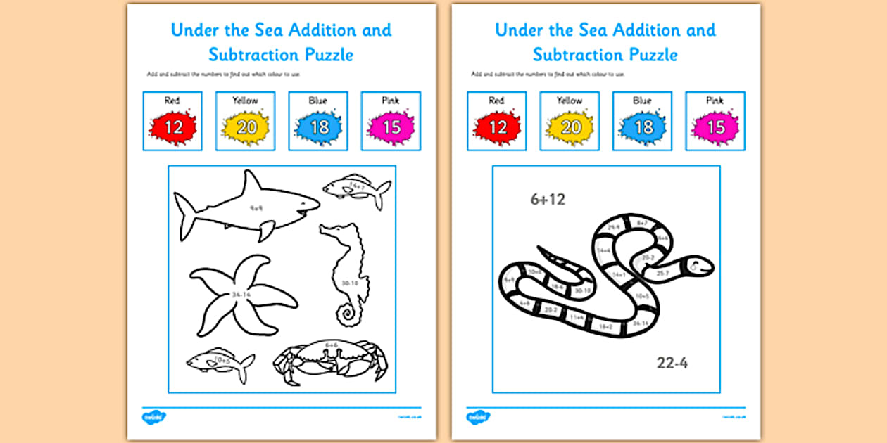 Under the Sea Theme Addition and Subtraction Puzzle 0-35