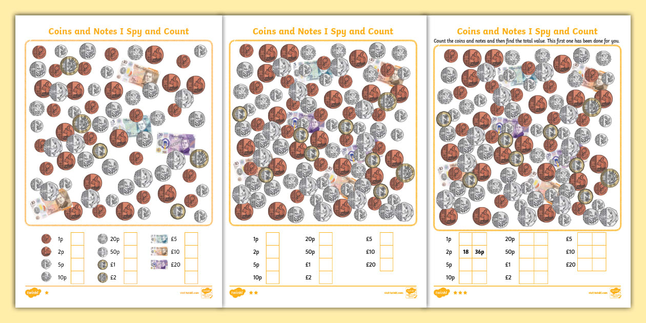Coins and Notes I Spy and Count Activity Sheet - Twinkl