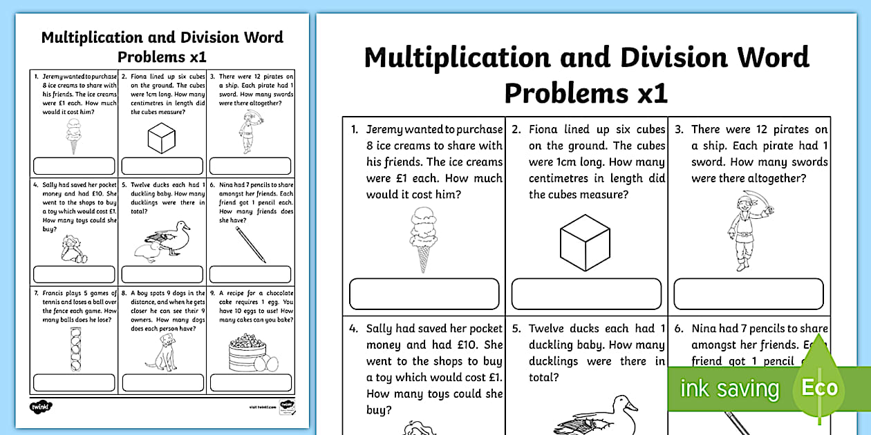 Multiplication and Division Word Problems x1 Worksheet / Worksheet