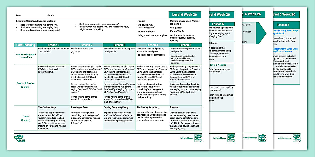 Level 6 Week 26 Weekly Plans - ‘wa’ and ‘qua’