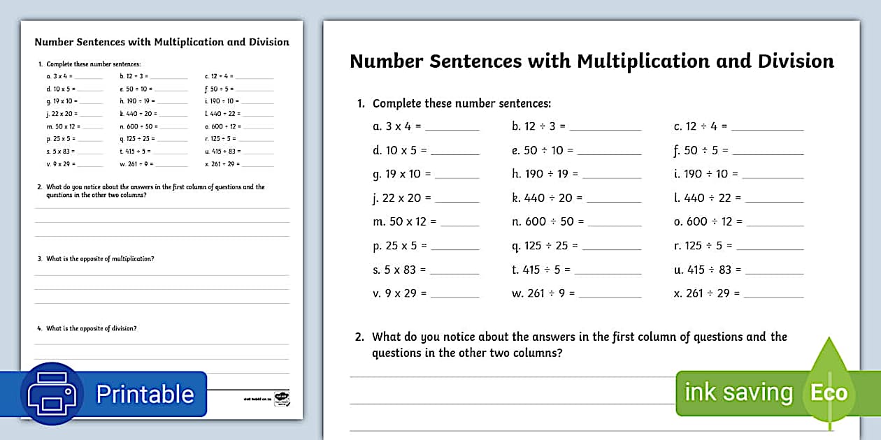 Number Sentences with Multiplication and Division Activity