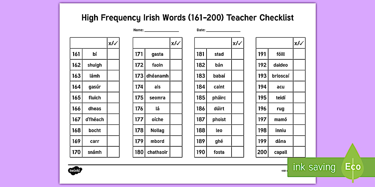 Editable High Frequency Irish Words (161-200) Teacher Checklist Gaeilge