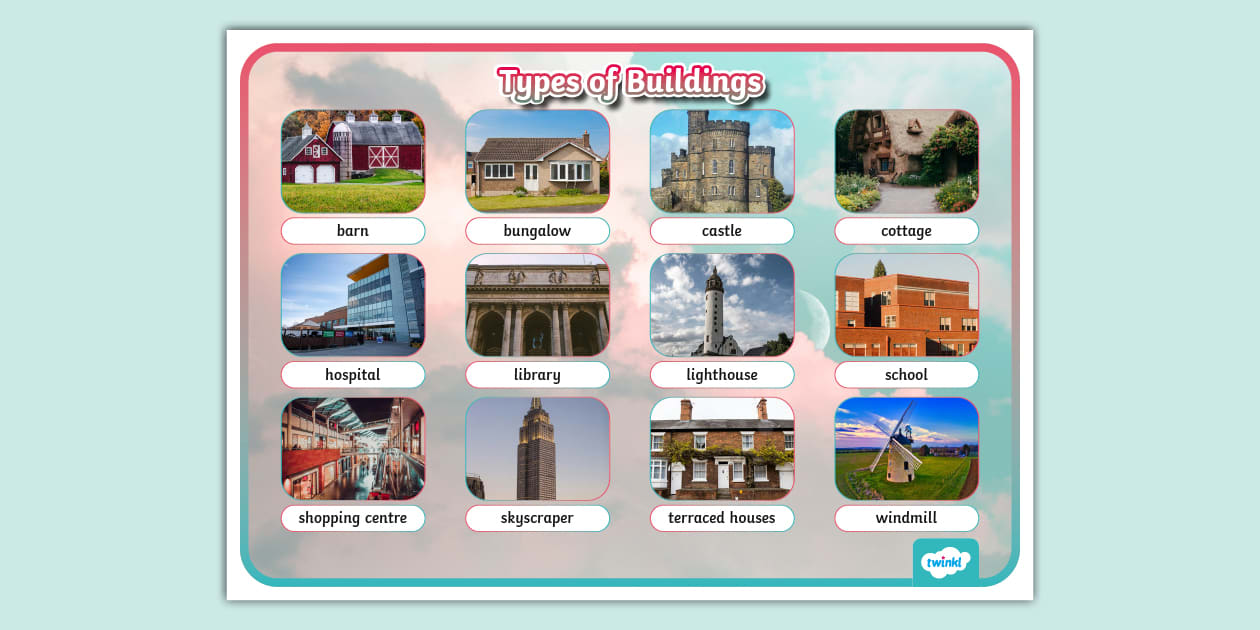Types of Buildings Photo Word Mat (teacher made) - Twinkl