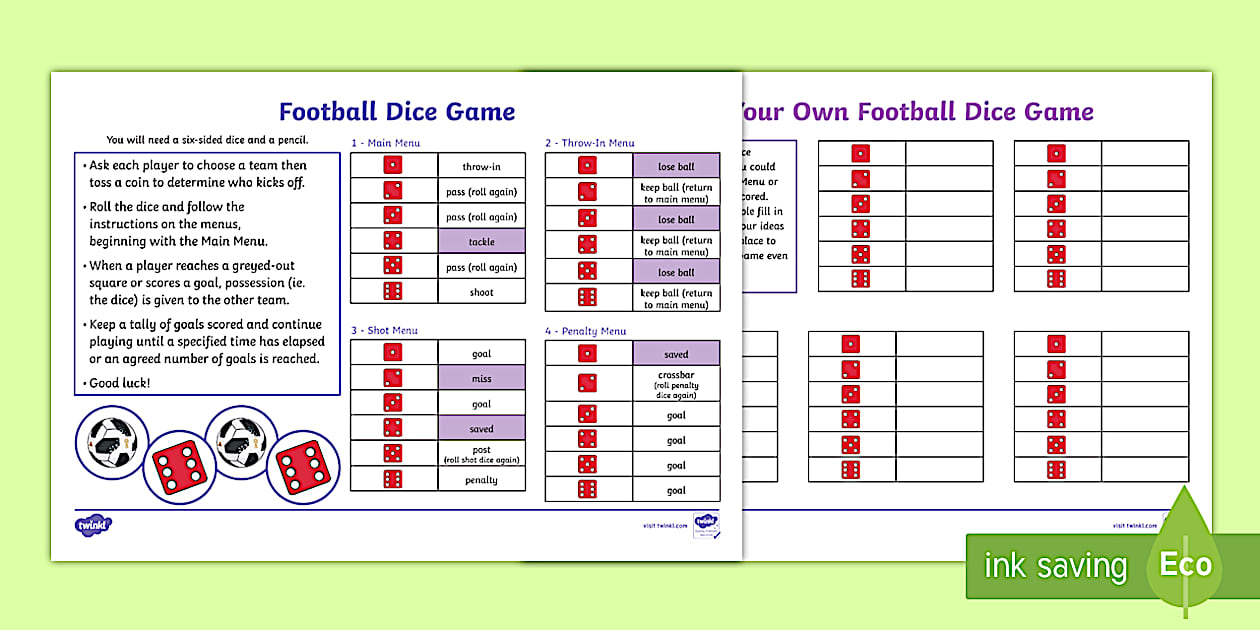 Football Dice Game Worksheet - Twinkl
