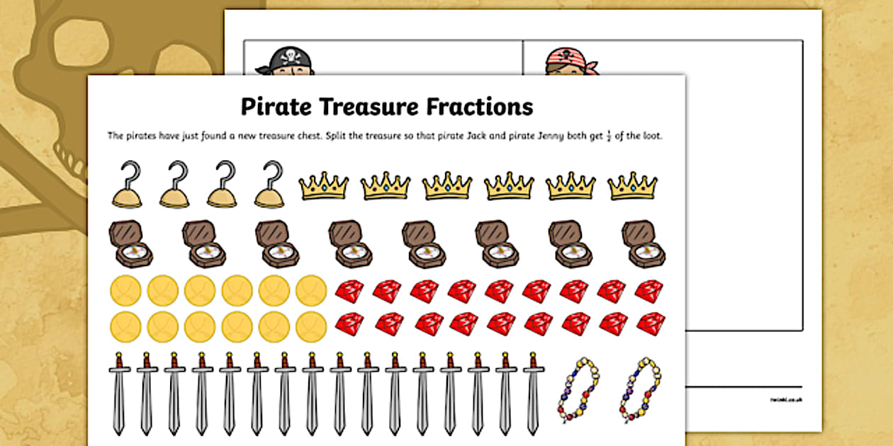 Black and White Pirate Treasure Fractions Find a Half Worksheet