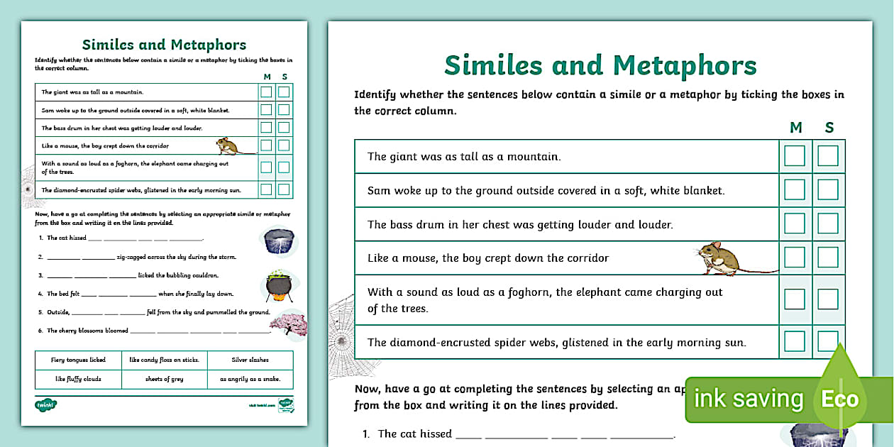 Identifying Appropriate Similes and Metaphors Activity Sheet