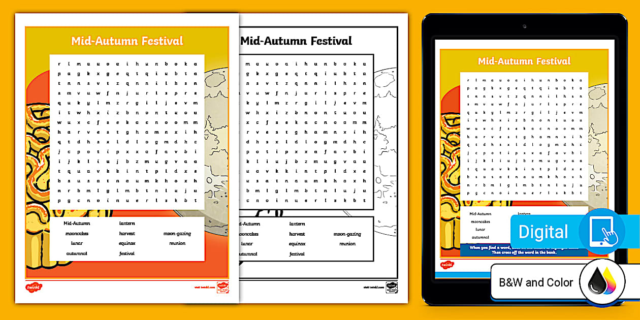 Mid-Autumn Festival Word Search for 3rd-5th Grade - Twinkl