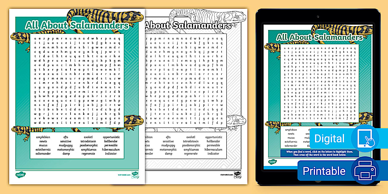 All About Salamanders Word Search for 6th-8th Grade - Twinkl