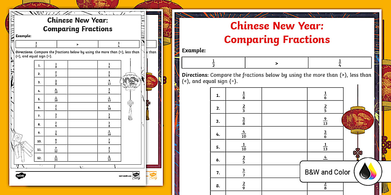 Fifth Grade Chinese New Year Comparing Fractions Worksheet