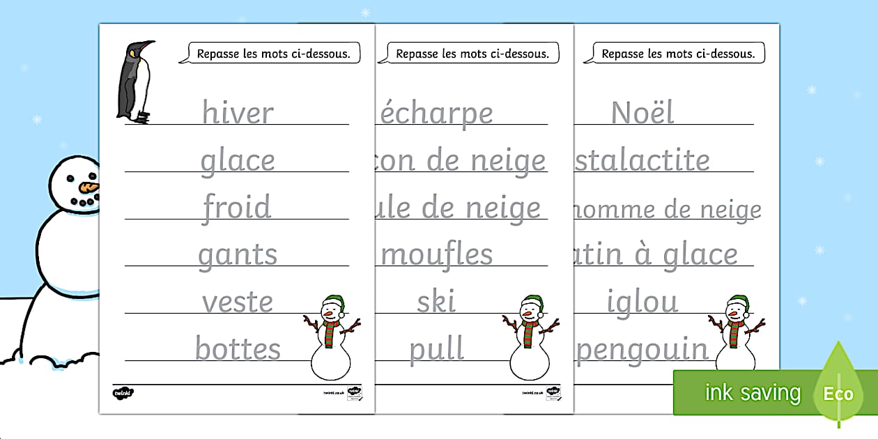 Cursive Feuille d'activités pour tracer des mots : L'hiver