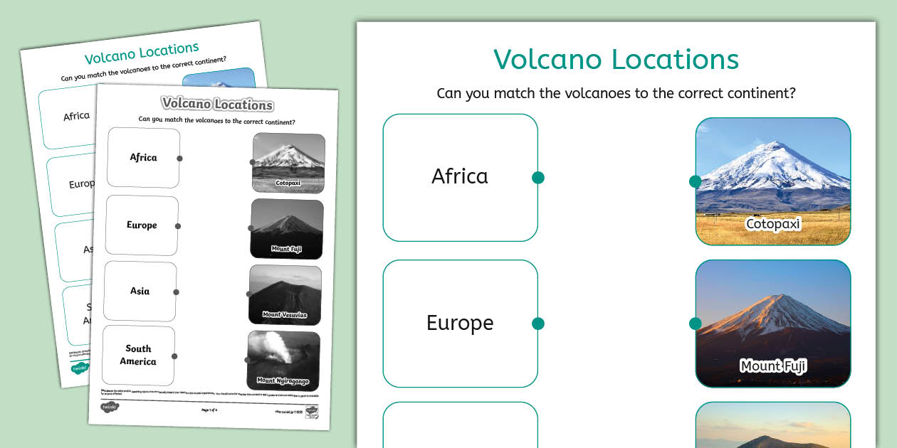 Volcano Locations Matching Worksheet (Hecho por educadores)