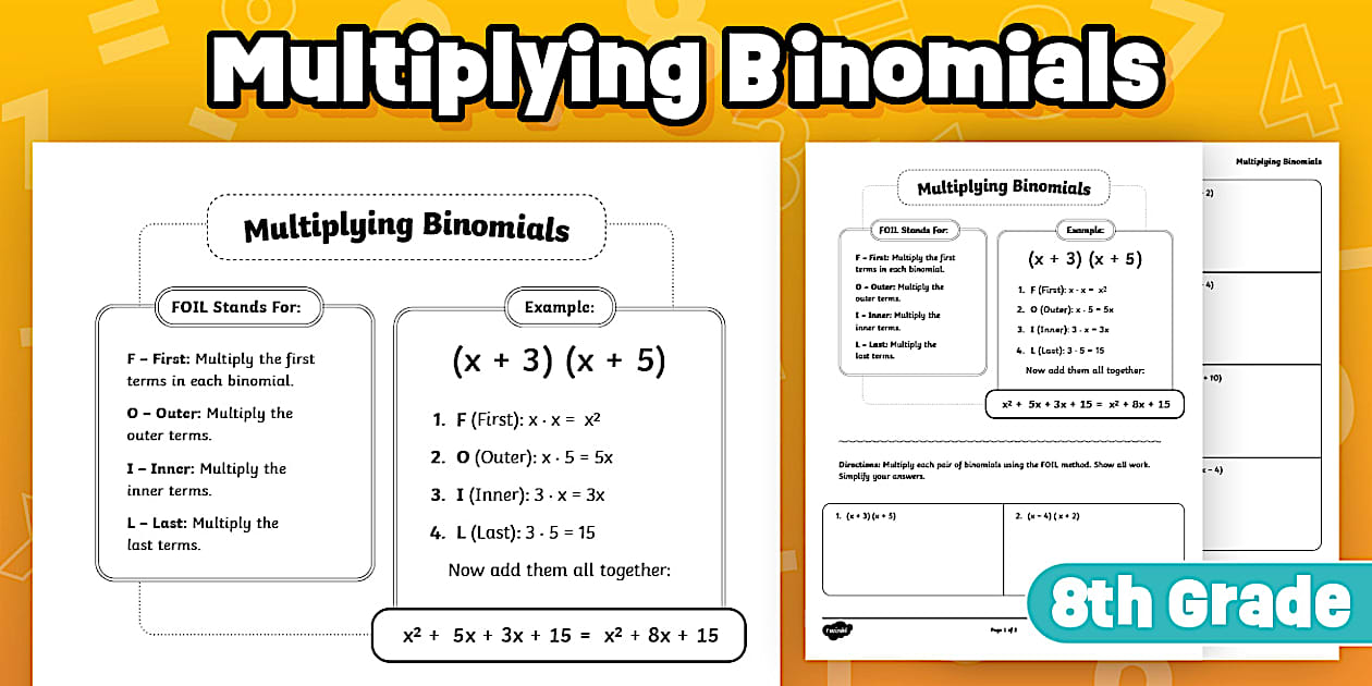 Eighth Grade Algebra Multiplying Binomials Worksheet