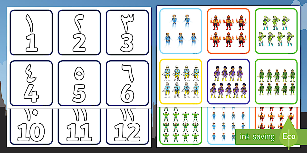 Superhero Themed 1 20 Number and Quantity Matching Cards Arabic/English