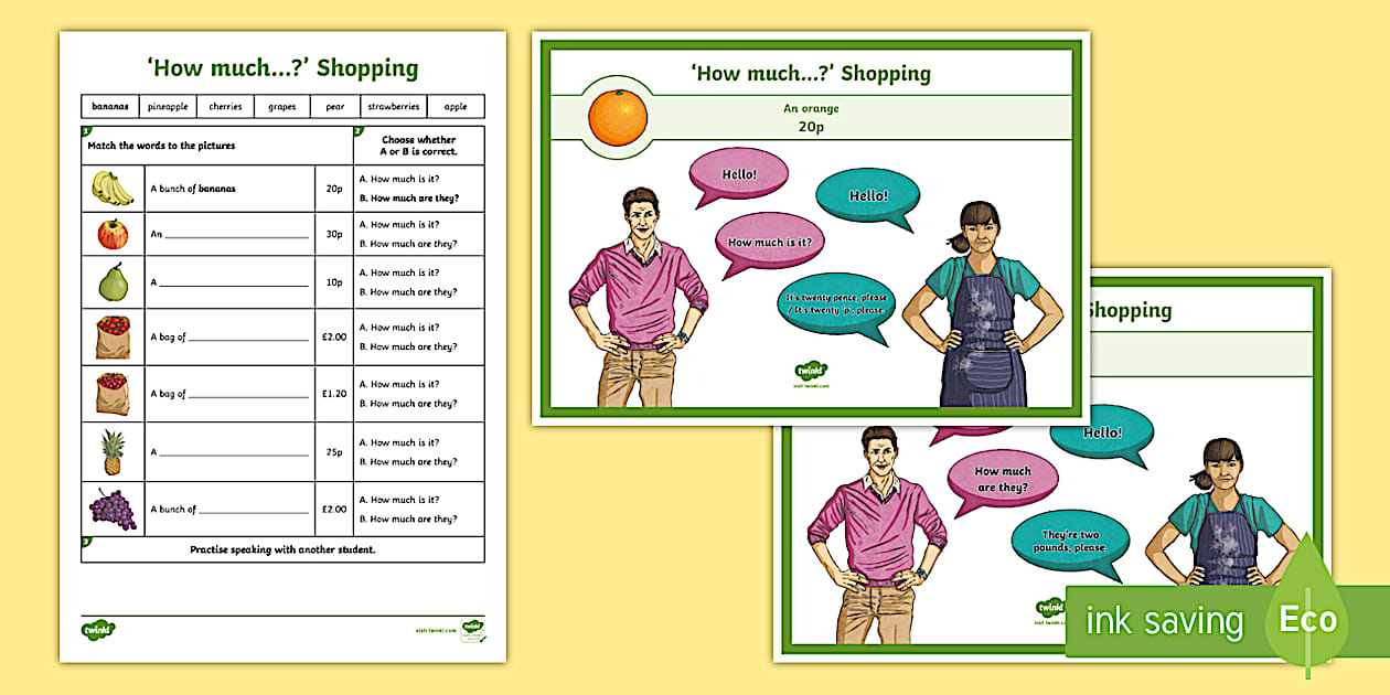 Editable ESL 'How much?' Shopping Dialogue & Fruit Vocabulary Game