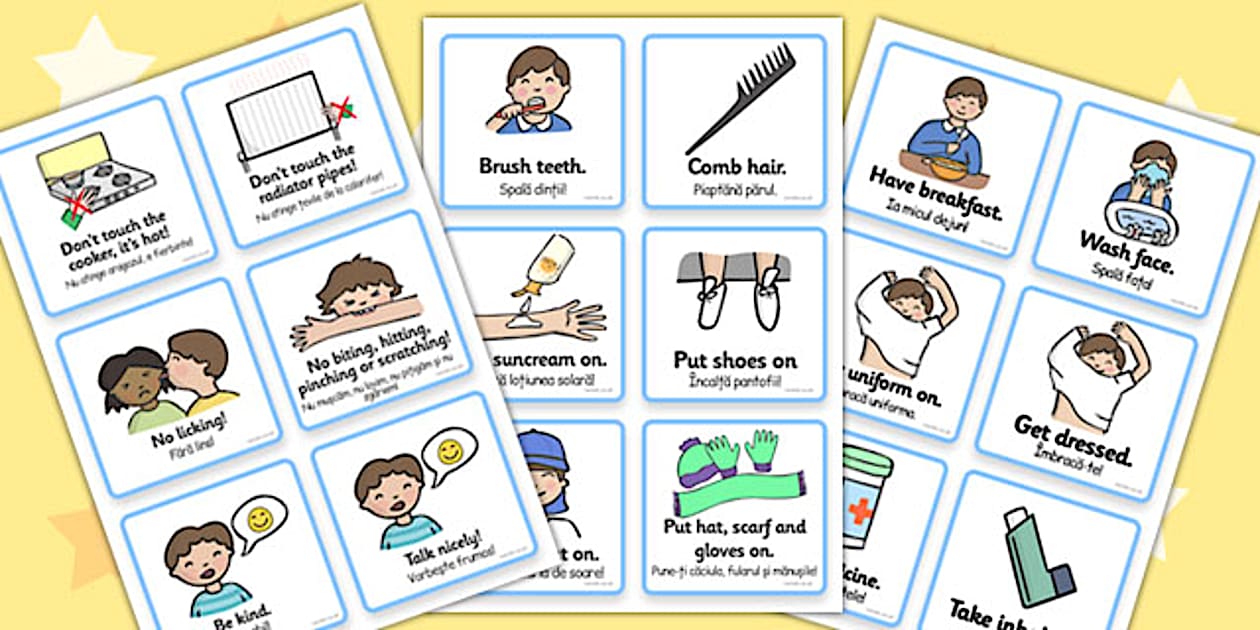 Communication Cards Daily Routine Boy Romanian Translation - romanian