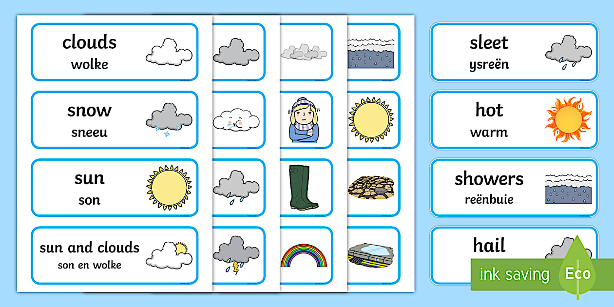 Weather Word Cards English/Afrikaans (teacher made) - Twinkl