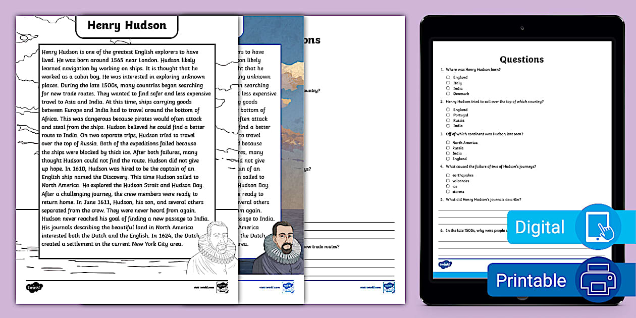 Third Grade Henry Hudson Reading Comprehension Worksheet