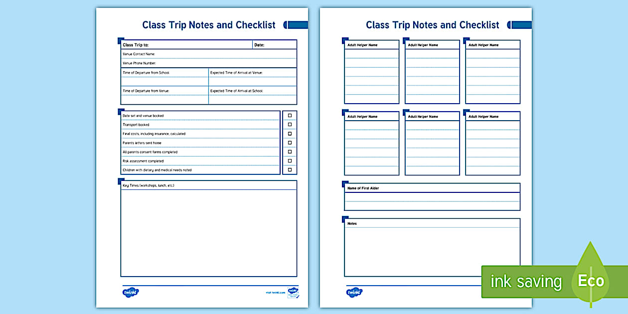 EYFS Class Trip Notes and Checklist - Twinkl