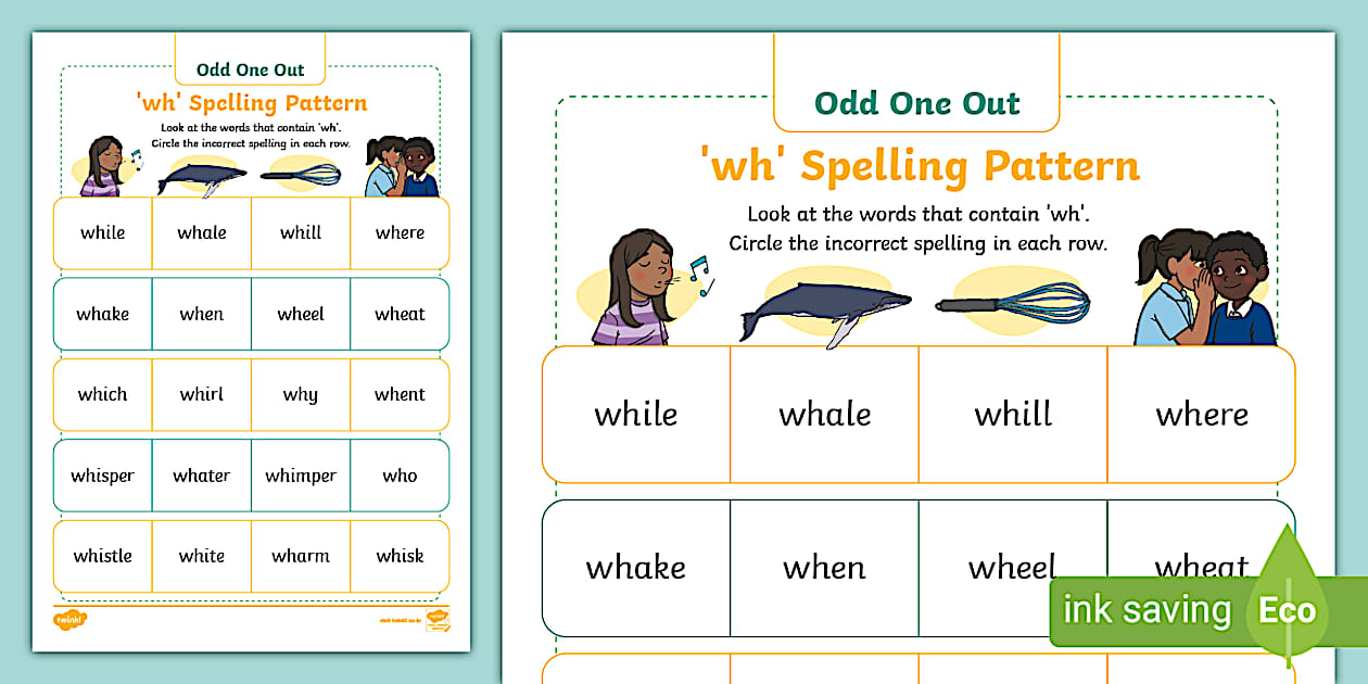'wh' Spelling Pattern Odd One Out Worksheet - Twinkl