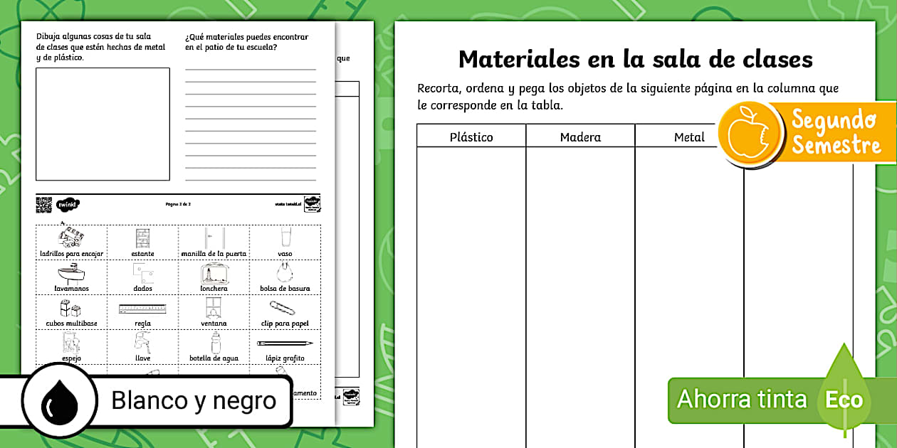 Guía de Trabajo: Materiales en la sala de clases - Twinkl